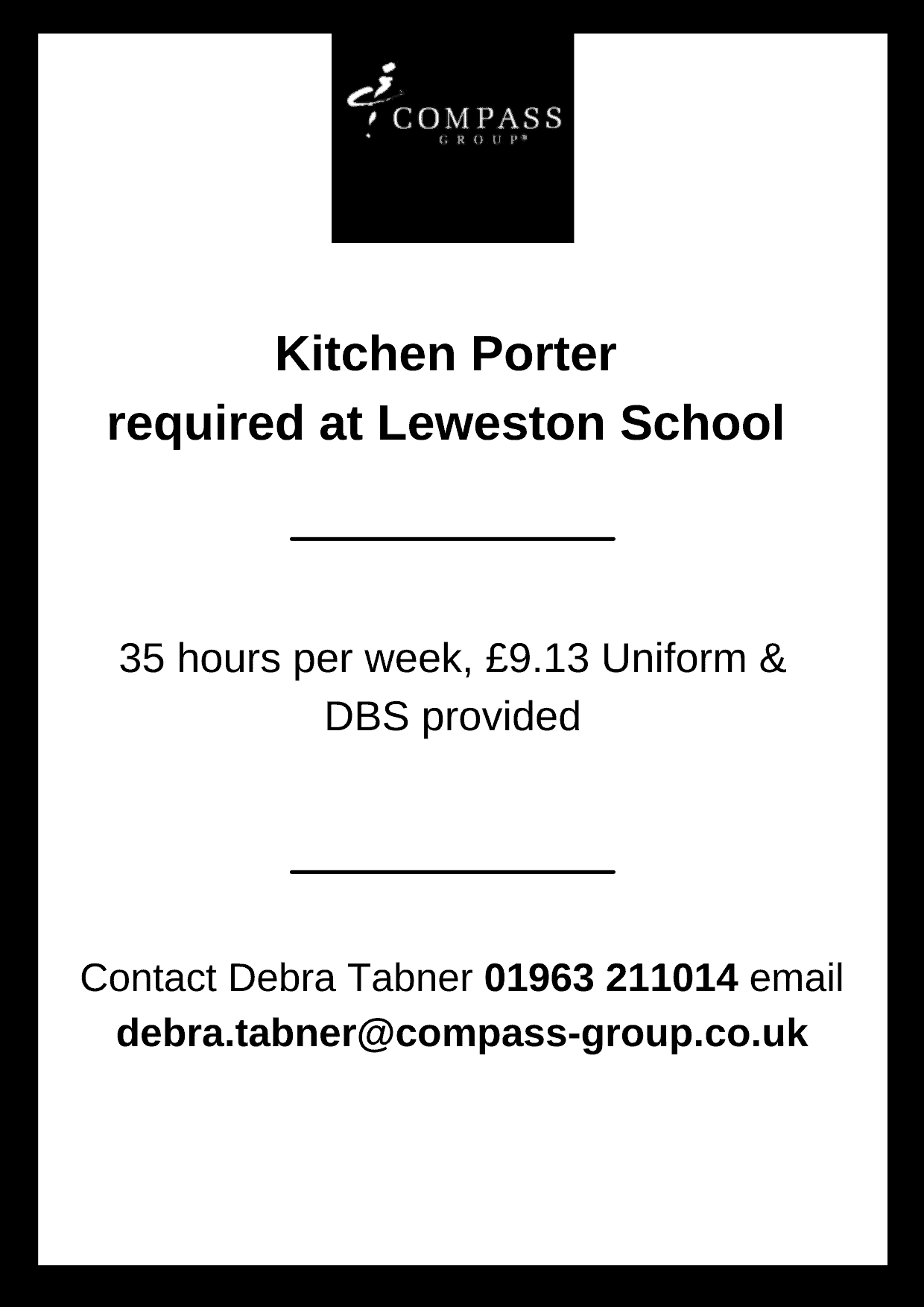 Kitchen Porter required at Leweston School - The BV