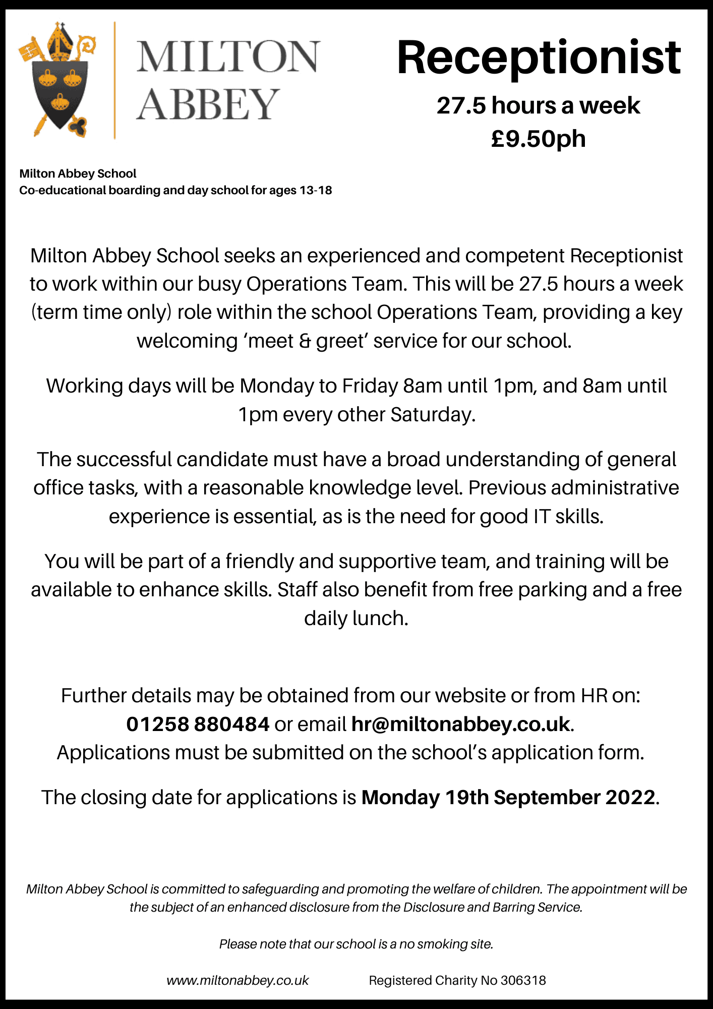 Receptionist | Milton Abbey School - The BV